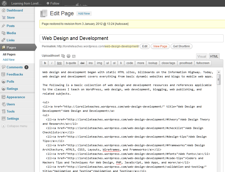 page edit panel html editor jump links in a list | Learning from Lorelle